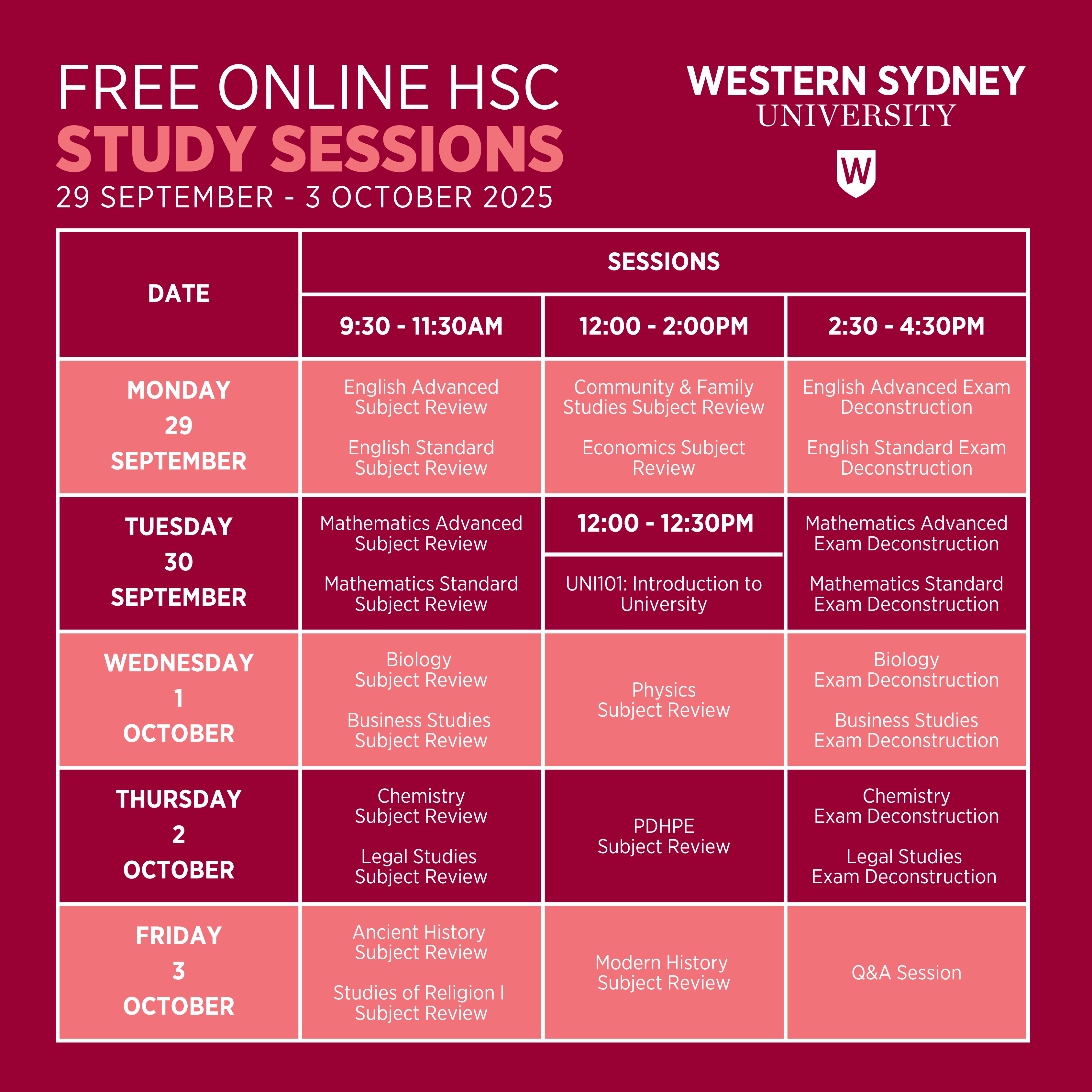 Free HSC Study Sessions | Western Sydney University